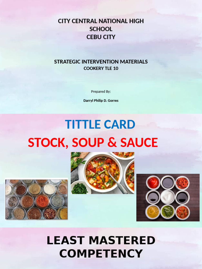 Cookery TLE 10: Stocks, Soups, Sauces | PDF | Soup | Stock (Food)