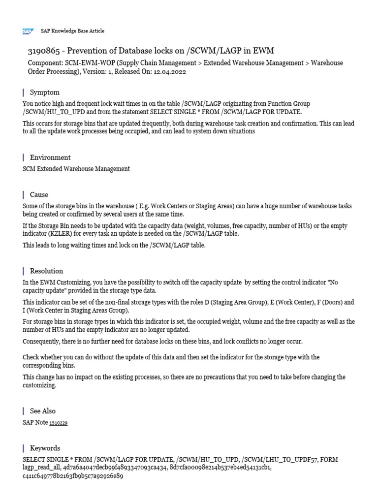 Prevention of Database Locks On SCWMLAGP in EWM | PDF | Databases ...