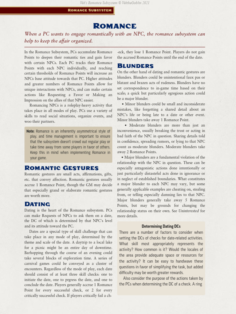 Vek's Romance Subsystem | PDF | Romance (Love) | Role Playing Video Games
