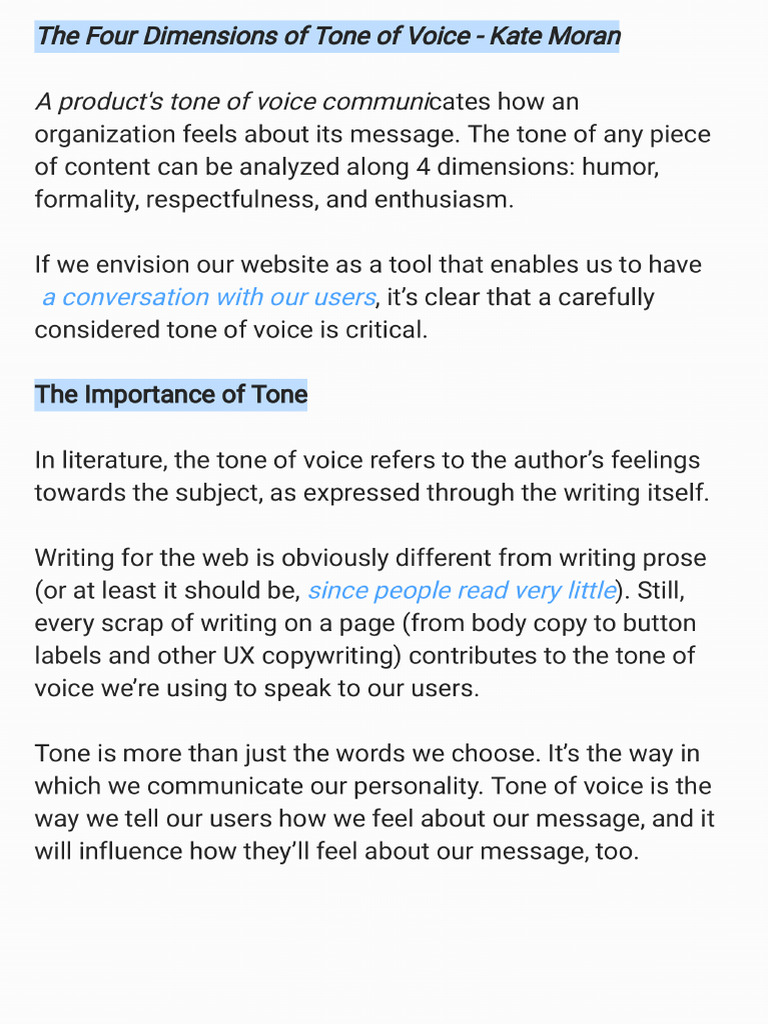 The Four Dimensions of Tone of Voice - Kate Moran | PDF