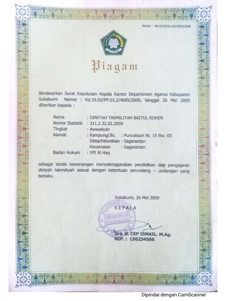 Piagam MDTA Baitul Rohim | PDF