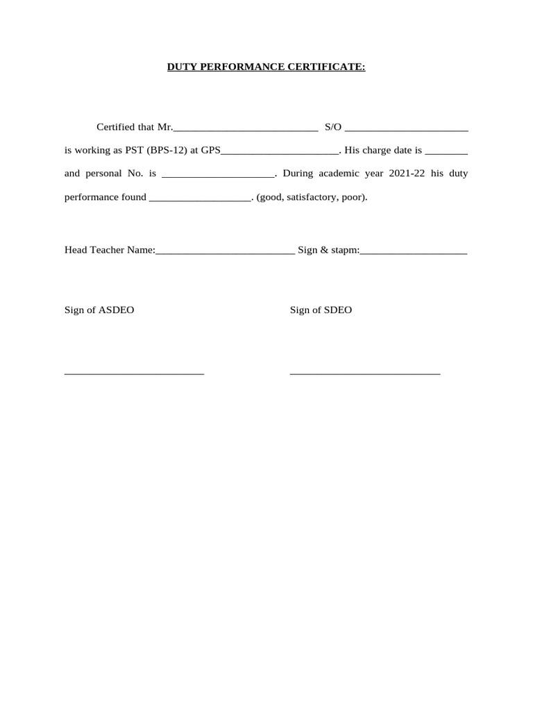 Duty Performance Certificate | PDF