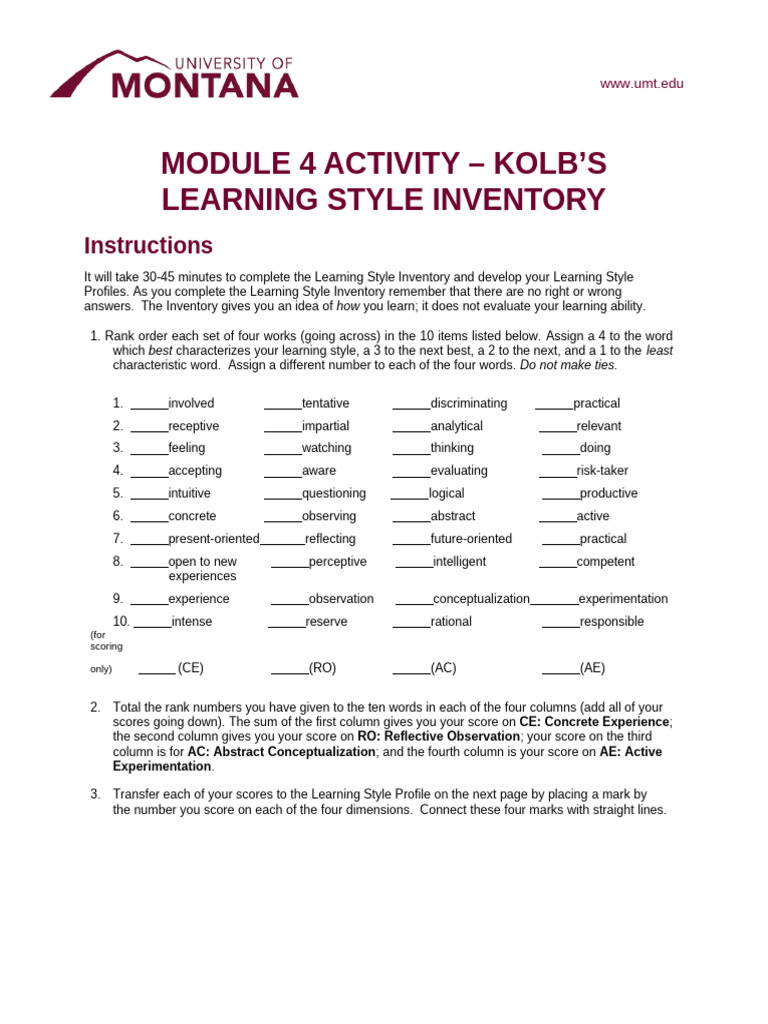 Umt MSW Kolbs-Learning-Style-Inventory 211230 | PDF | Learning Styles ...
