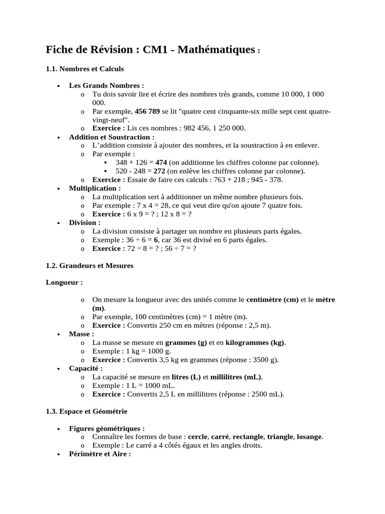 Fiche de Révision CM1 Maths | PDF