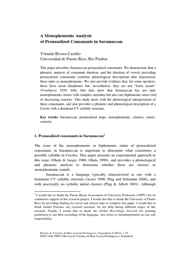 A Monophonemic Analysis of Prenasalized Consonants in Saramaccan | PDF ...