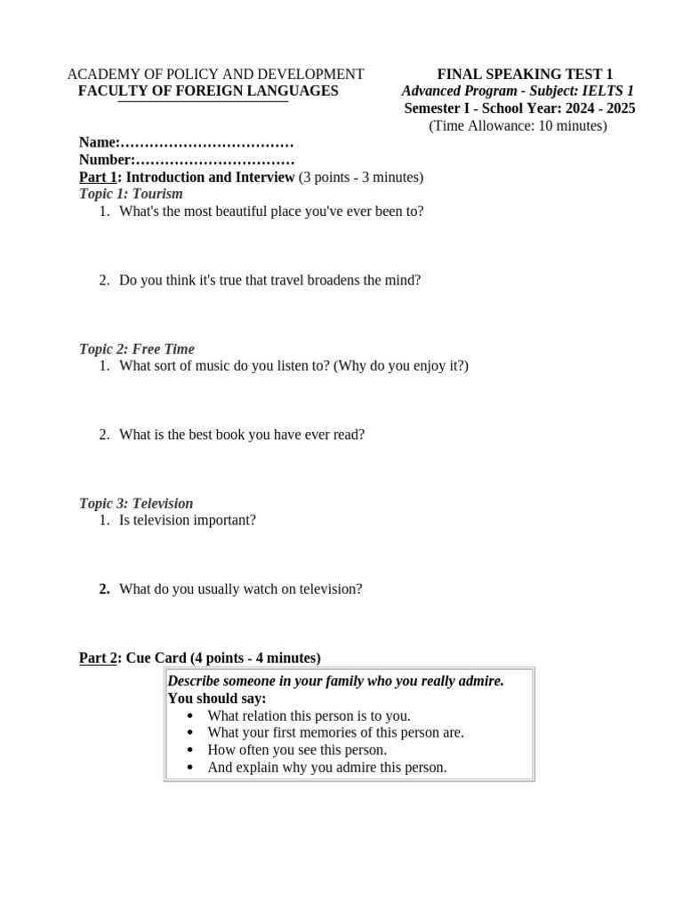 IELTS 1-Speaking Questions | PDF | International English Language ...