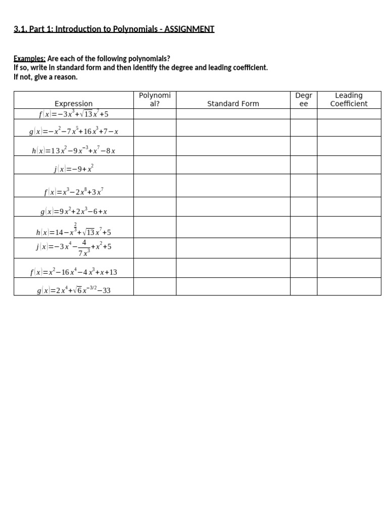 Introduction to Polynomials Assignment | PDF
