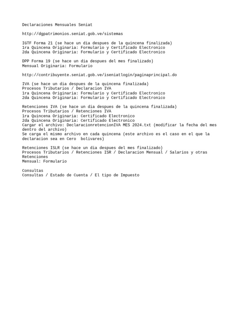 Declaraciones Mensuales del Seniat | PDF