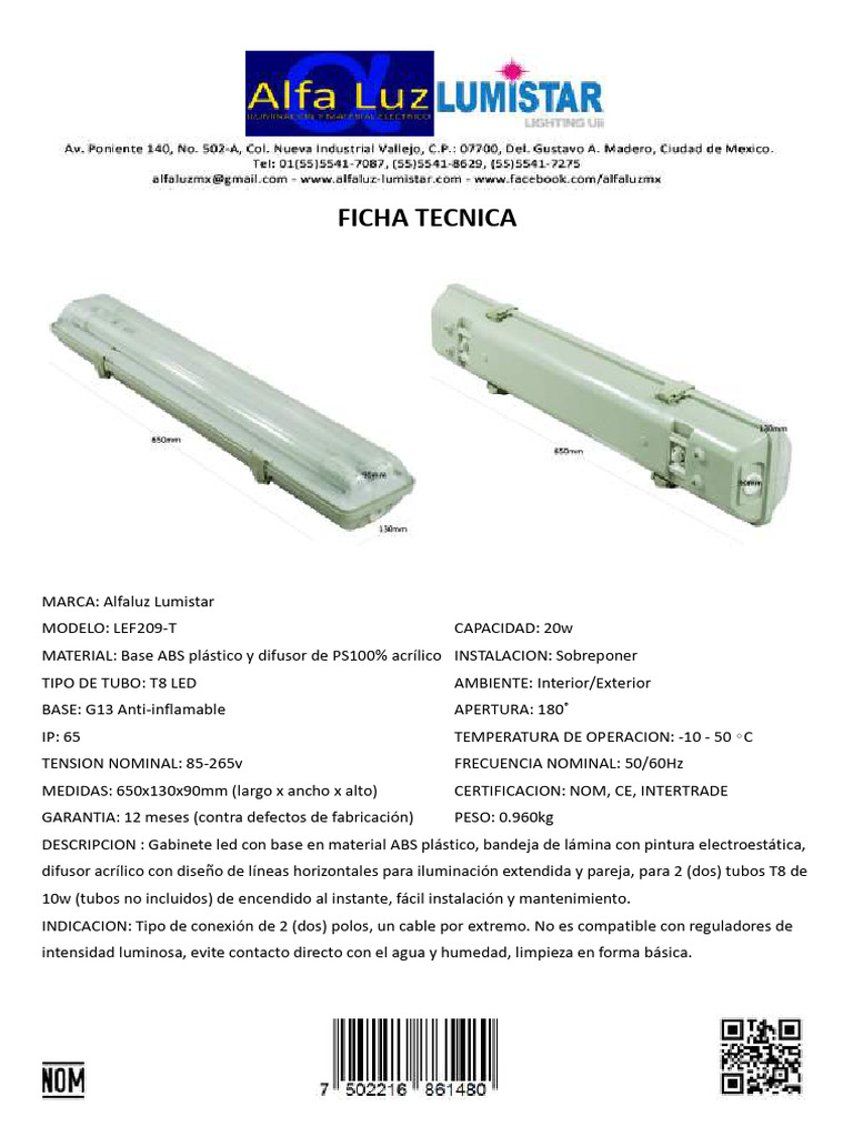 Gabinete LED T8 para Exterior 20W | PDF