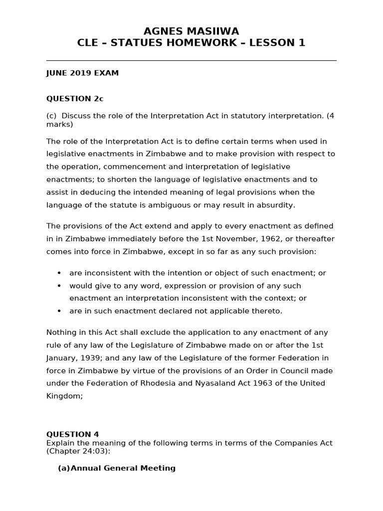 Agnes Masiiwa Cle - Statues Homework - Lesson 1 | PDF | Liquidation | Divorce