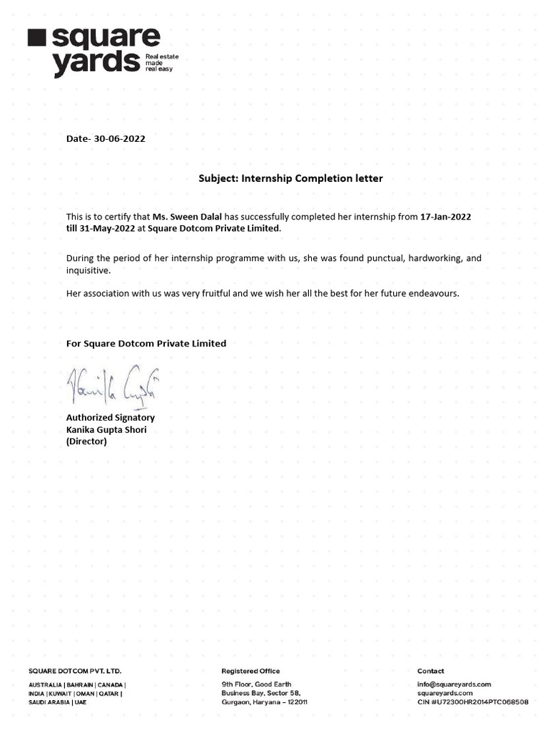 Internship Letter - Sween Dalal SDC5719 | PDF