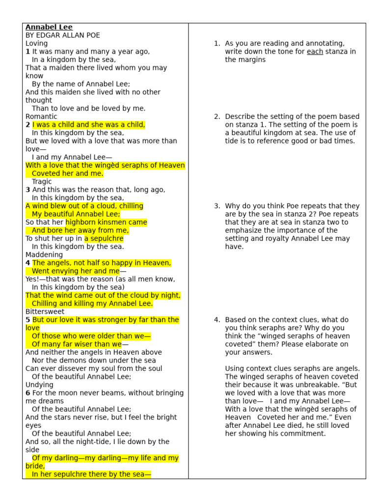 Annabel Lee Analysis | PDF