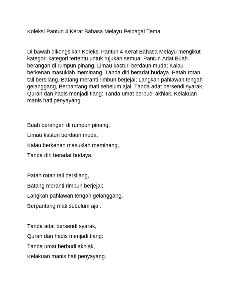 Koleksi Pantun 4 Kerat Bahasa Melayu Pelbagai Tema | PDF