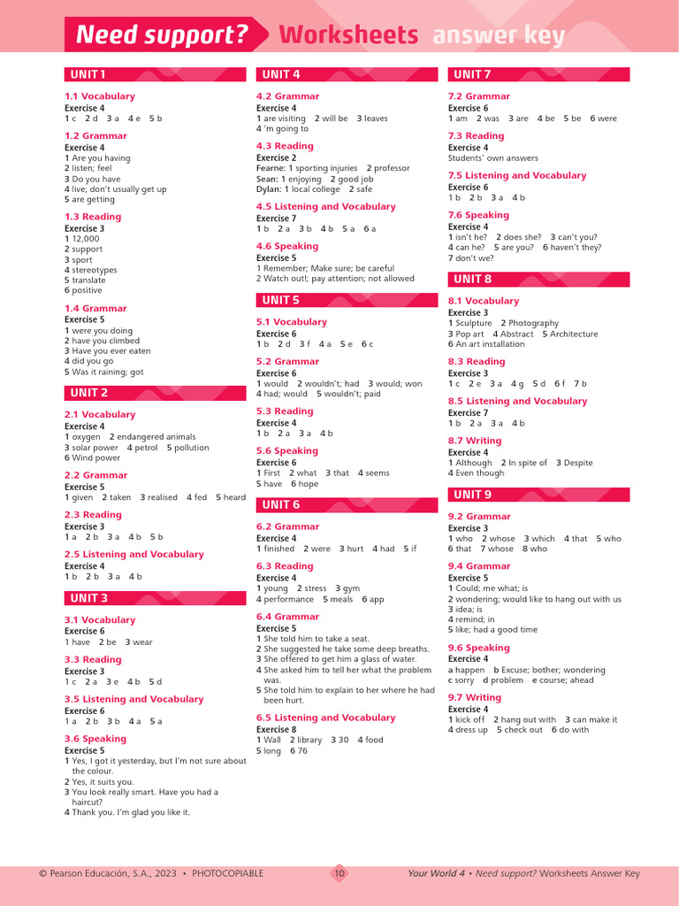 Your World 4 Worksheets Answer Key | PDF