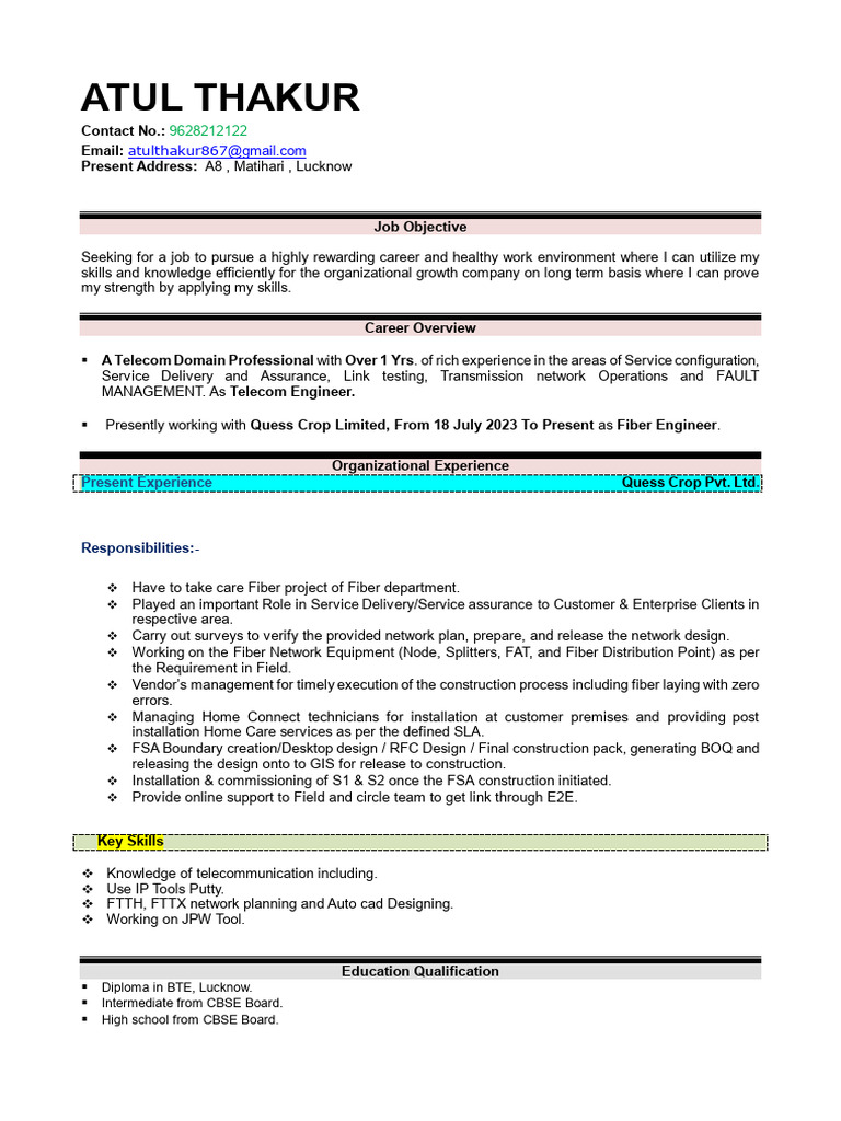 Atul Resume | PDF | Fiber To The X | Service Industries