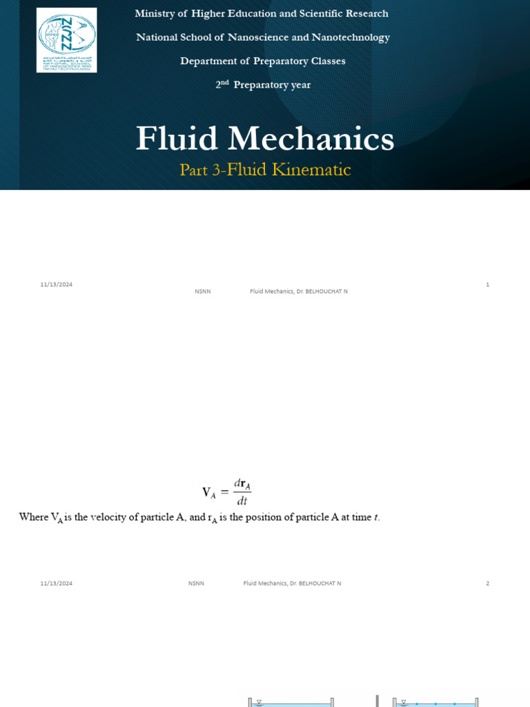 FM - Lecture - Fluid Kinematic - 2024-2025 | PDF | Fluid Dynamics | Laminar Flow