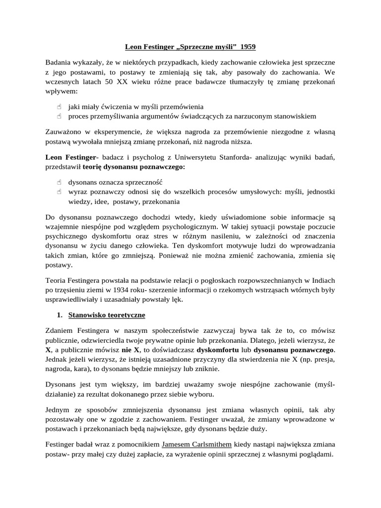 Leon Festinger - Dysonans (40 Prac Badawczych... ) | PDF