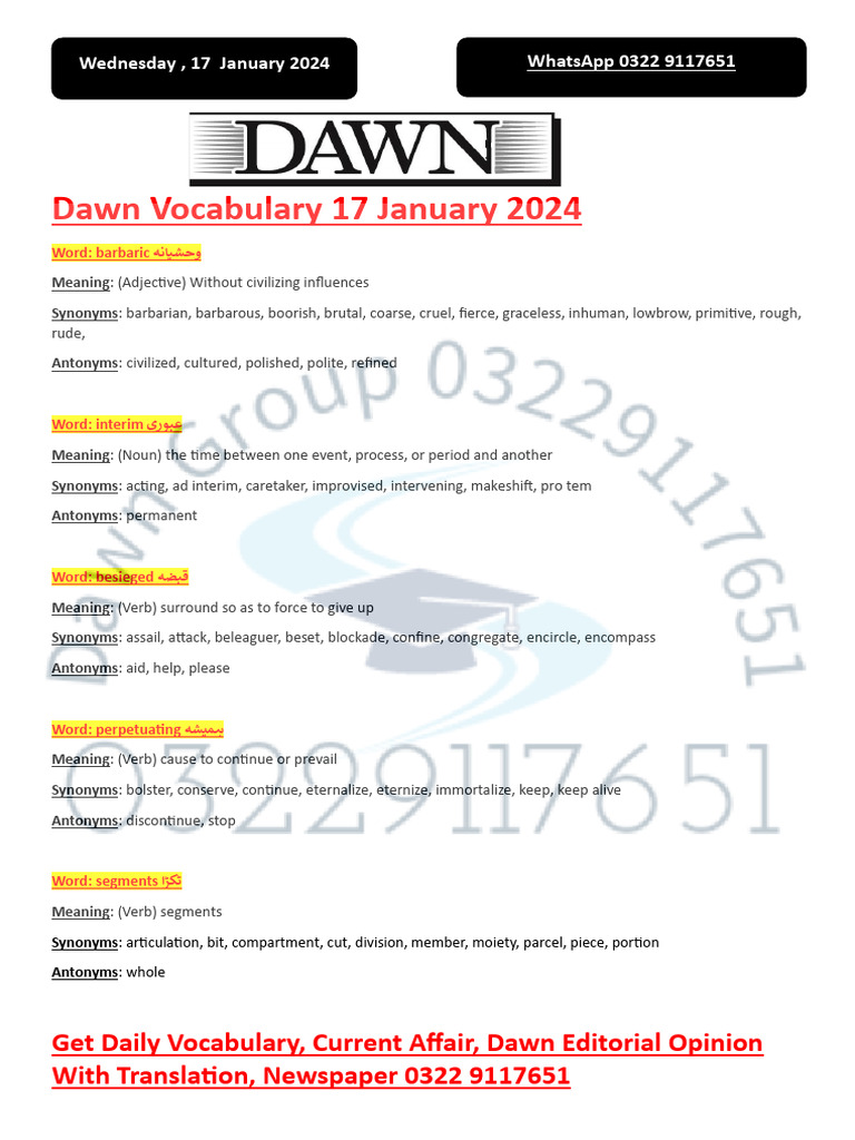 17 Jan Dawn Vocabulary | PDF