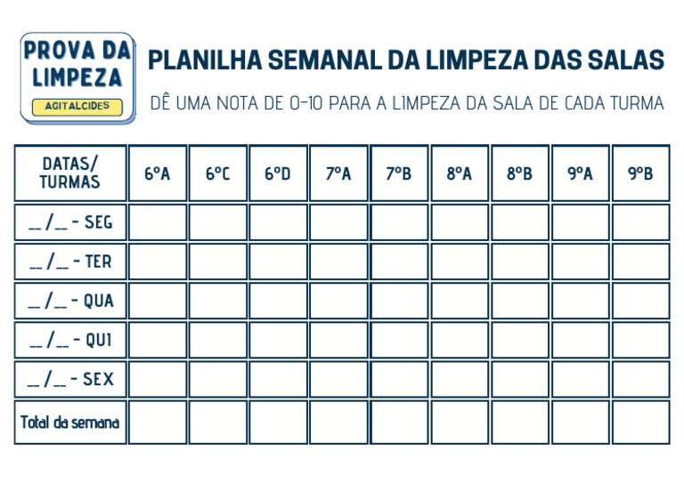 Planilha Semanal de Limpeza Escolar | PDF