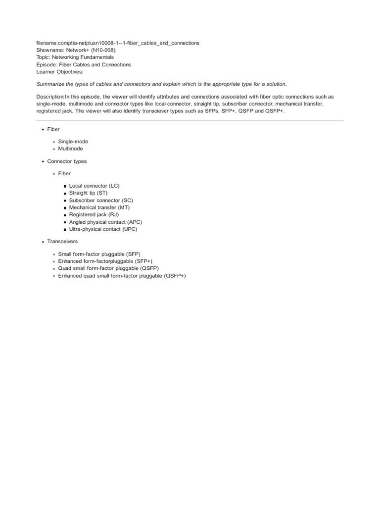 Comptia Netplusn10008 1 1 Fiber Cables and Connections | PDF