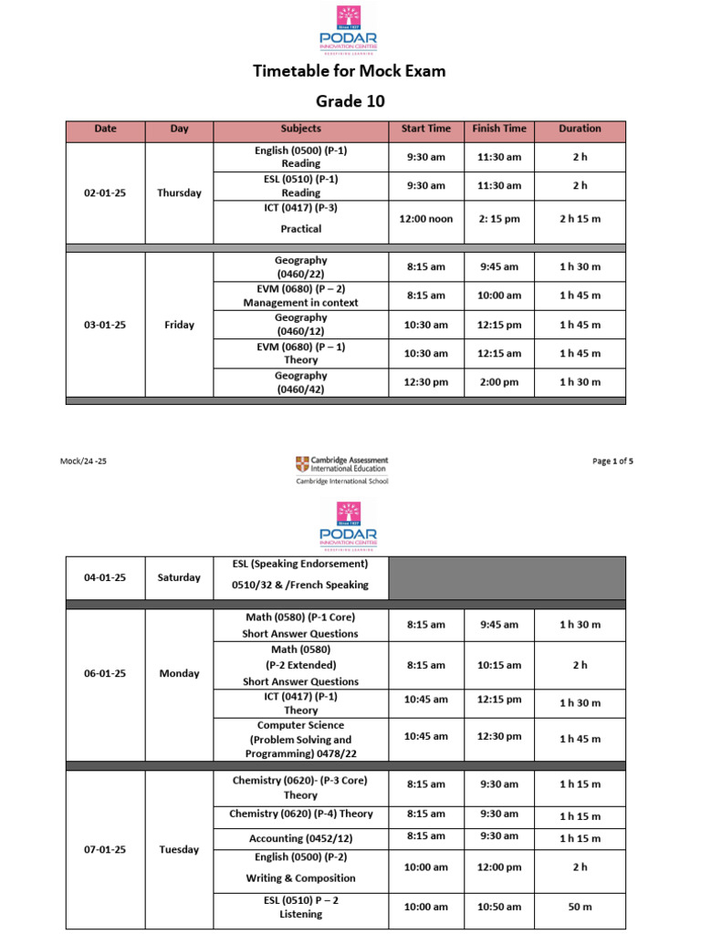 GRADE 10 - MOCK EXAM TIME TABLE | PDF