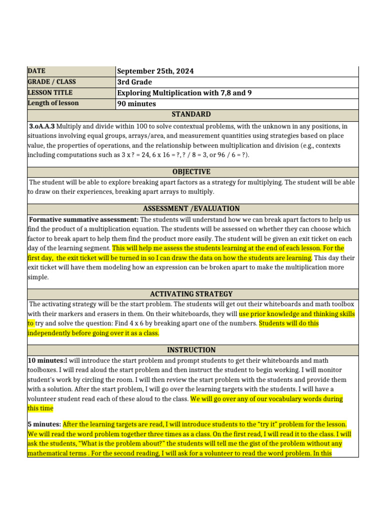 Edtpa Lesson Plan | PDF | Educational Assessment | Multiplication