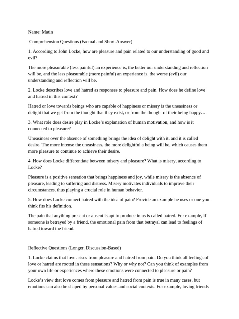 Pleasure and Pain Assignment Answers | PDF | Pleasure | Feeling