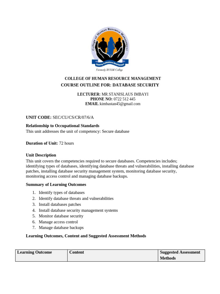 DATABASE SECURITY COURSE OUTLINE | PDF | Databases | Vulnerability ...