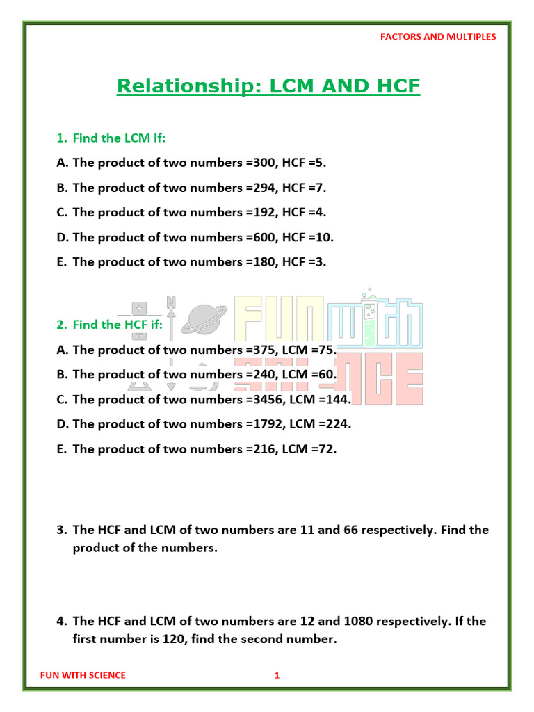 Relation HCF LCM Worksheet | PDF