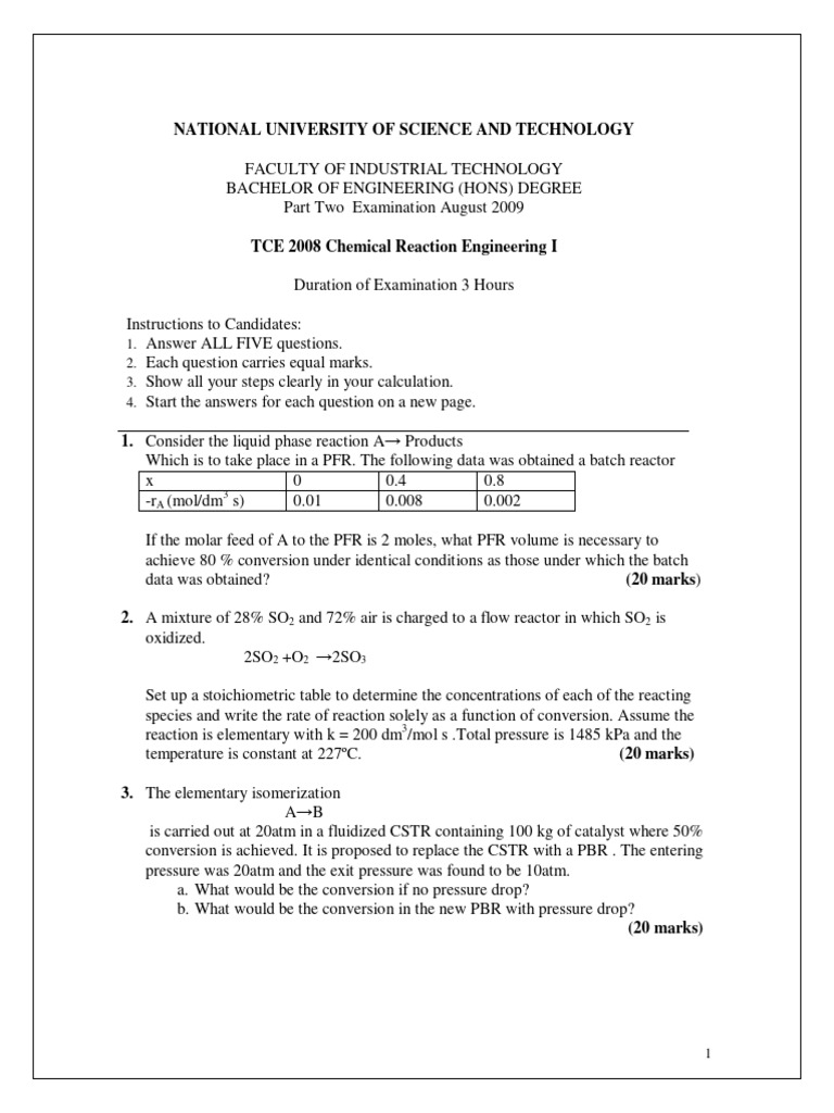 TCE2008200908 Chemical Reactions Engineering I (1) | PDF | Chemical Reactor | Chemical Reactions