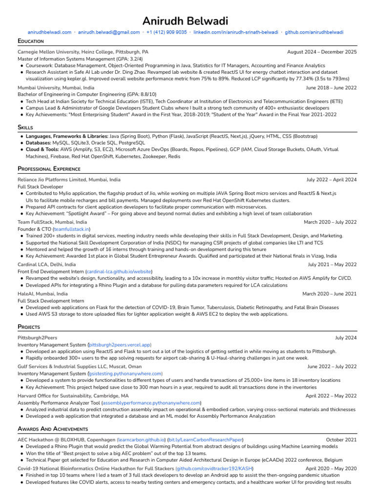 Anirudh Belwadi Resume Jan 2025 | PDF | Computing | Software