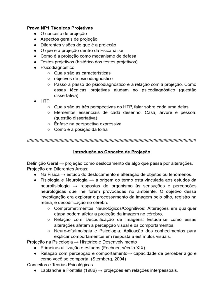 Prova NP1 Técnicas Projetivas - Resumo | PDF | Psicologia | Psicanálise