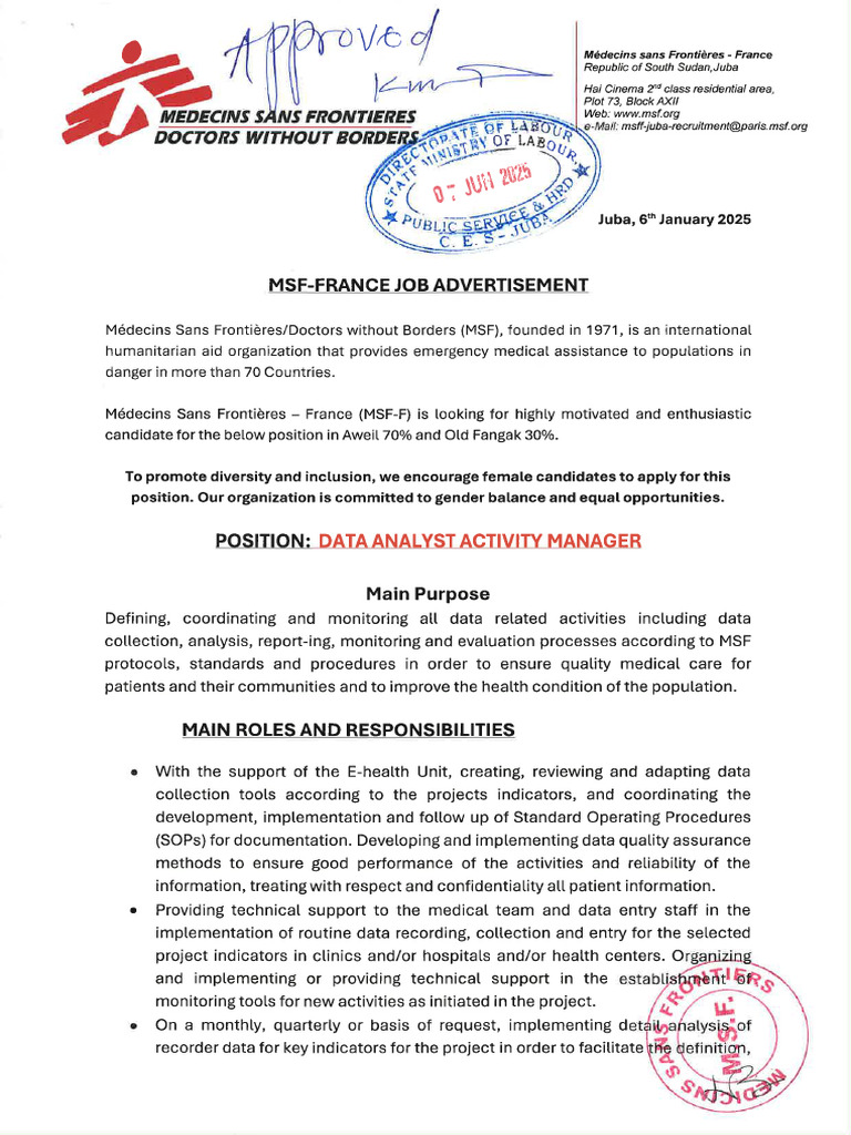 MSF-F Job Advert - Data Analyst Activity Manager - Aweil & Old Fangak | PDF