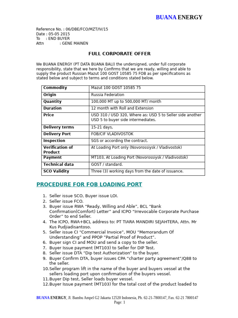 Russian Mazut 100 Supply Offer | PDF | Chemistry | Chemical Compounds