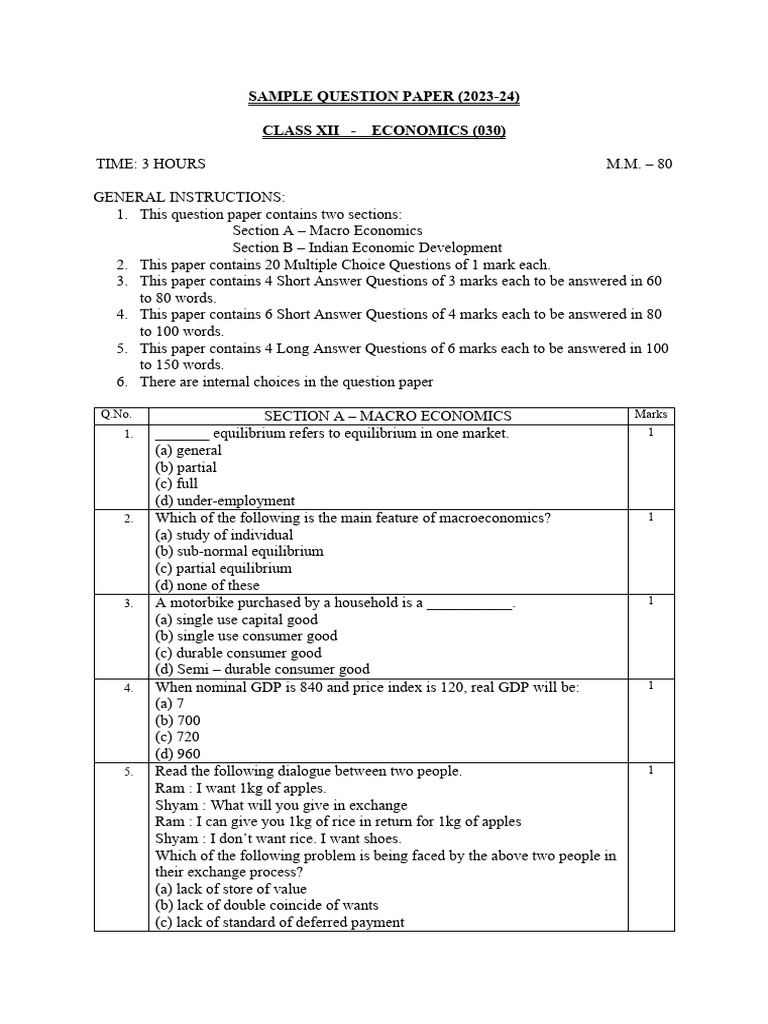 Class XII Economics Sample Paper 2023-24 | PDF | Intermediate ...