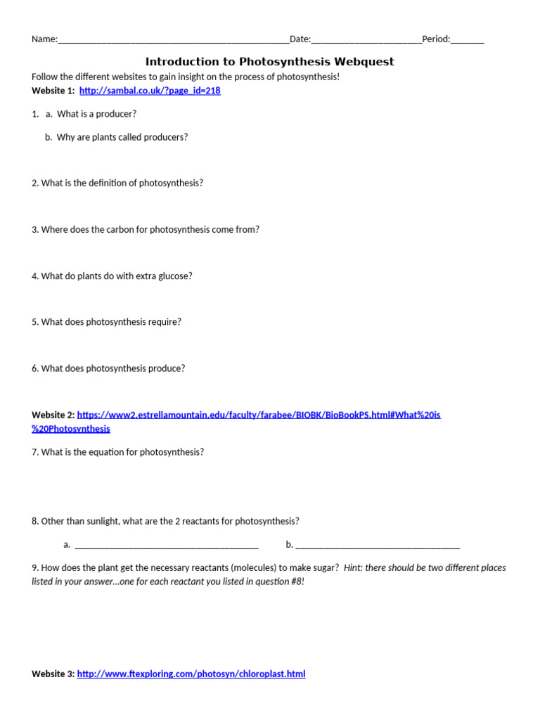Photosynthesis Webquest Guide | PDF