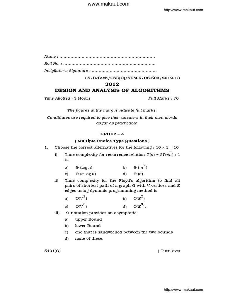 Btech Cse 9 Sem Design And Analysis Of Algorithms 2012 Pdf Time Complexity Combinatorics
