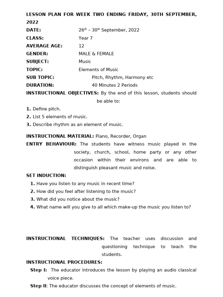 Year 7 Music Lesson: Elements of Music | PDF