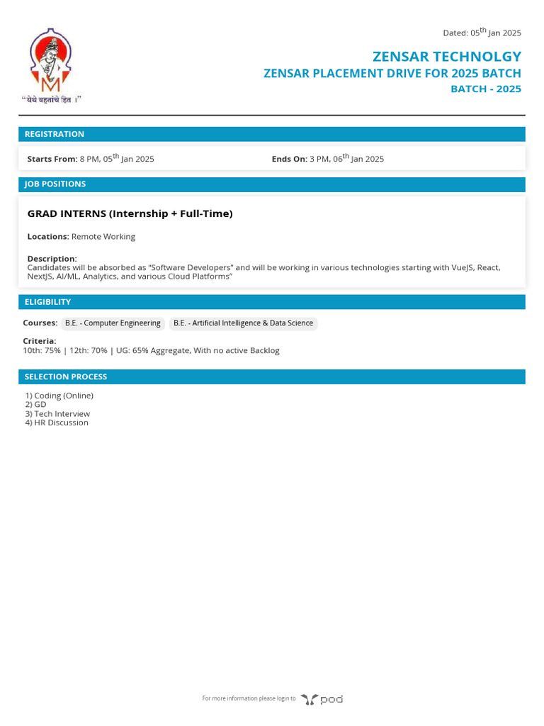 Zensar Placement Drive For 2025 Batch 2025 01 05T14 - 13 - 57.642540 | PDF