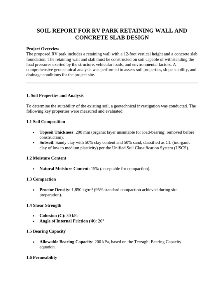 Soil Report For RV Park Retaining Wall and Concrete Slab Design | PDF ...