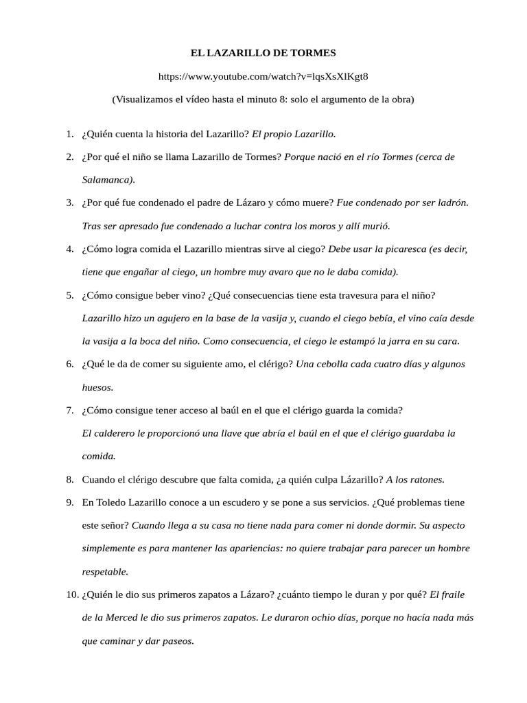 Resumen del Lazarillo de Tormes | PDF