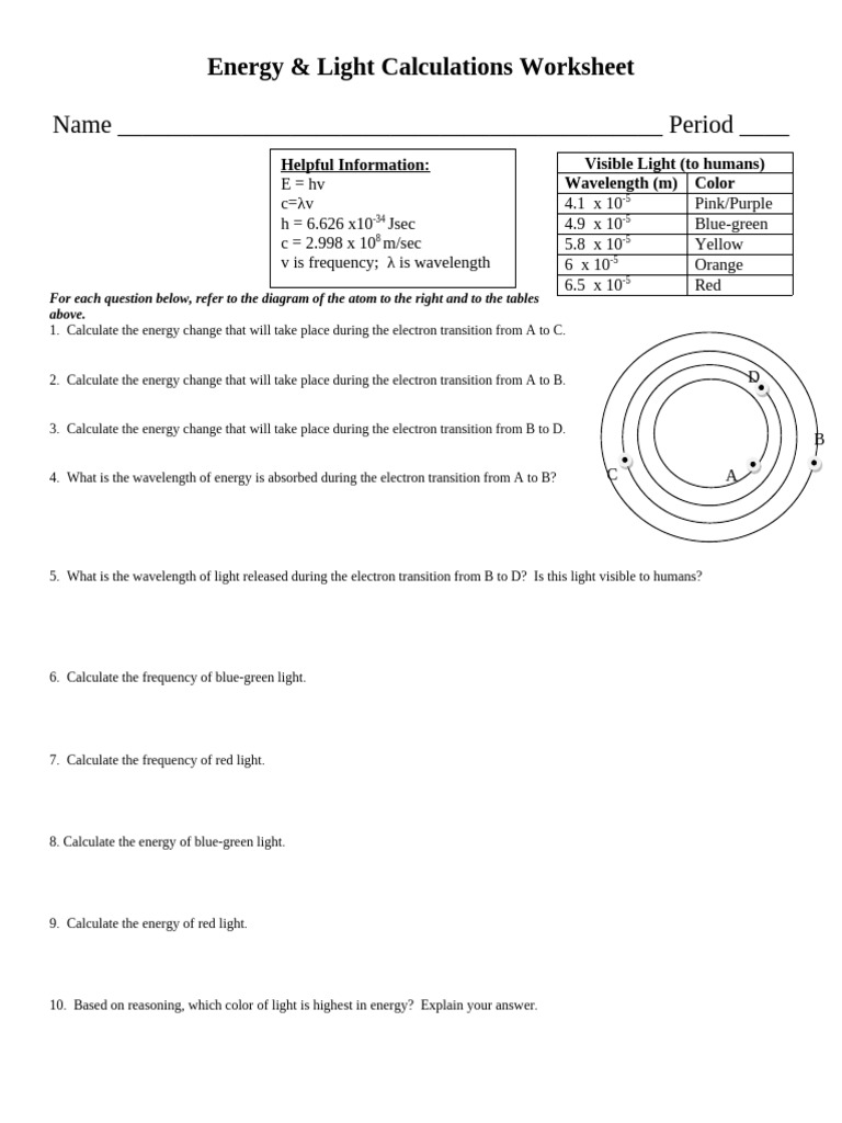 Energy & Light Calculations WS | PDF