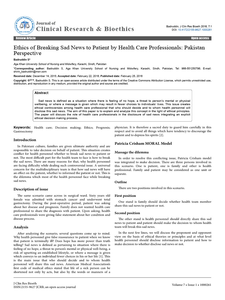 Ethics of Breaking Sad News To Patient by Health Care Professionals ...