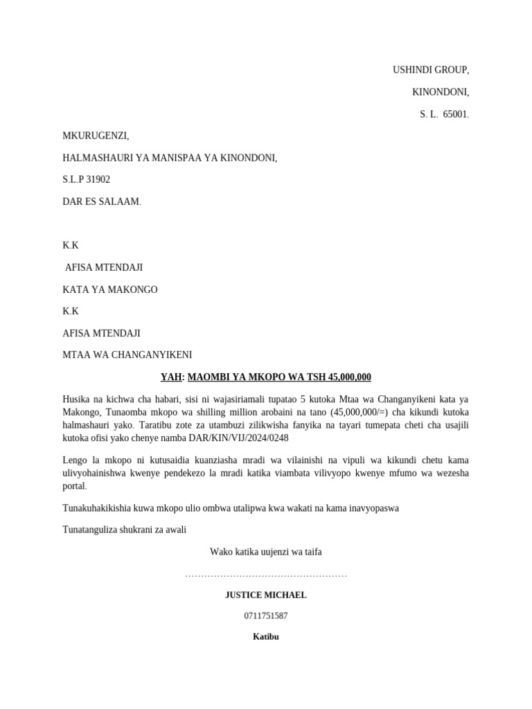 Barua Ya Kuomba Mkopo Ushindi | PDF