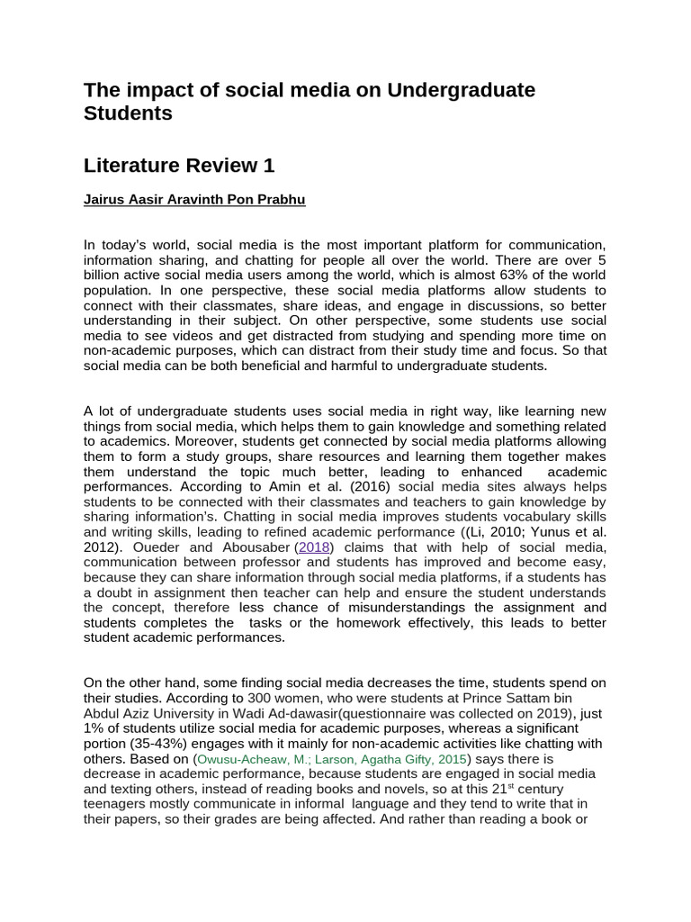 Literature Review - The Impact of Social Media On Undergraduate ...