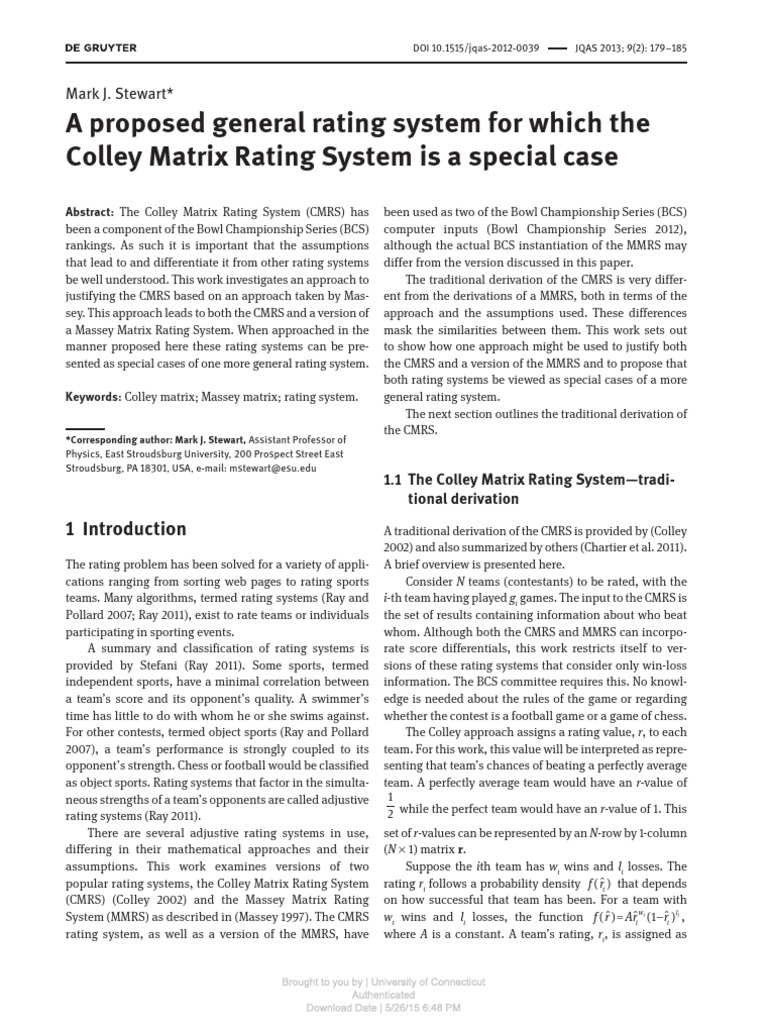 A Proposed General Rating System For Which The Colley Matrix Rating ...
