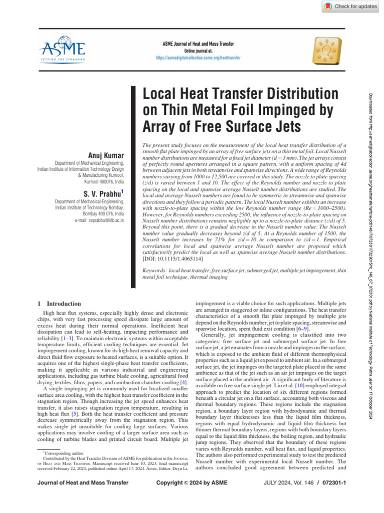 Local Heat Transfer Distribution On Thin Metal Foil Impinged by Array ...
