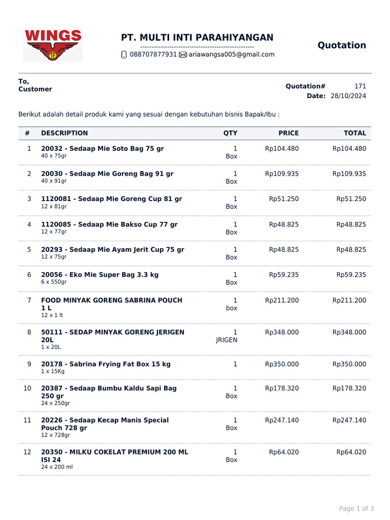 Penawaran Produk PT. Multi Inti Parahiyangan | PDF