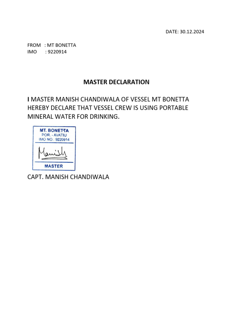 Drinking Water Declaration | PDF