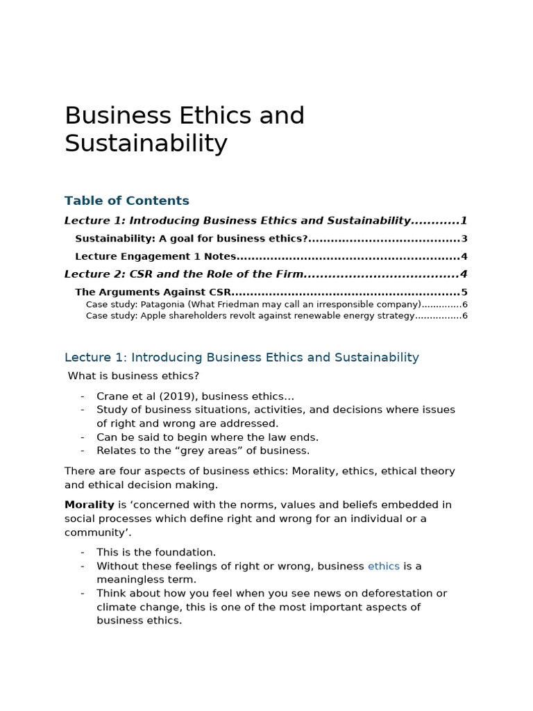 Business Ethics and Sustainability Overview | PDF | Corporate Social ...